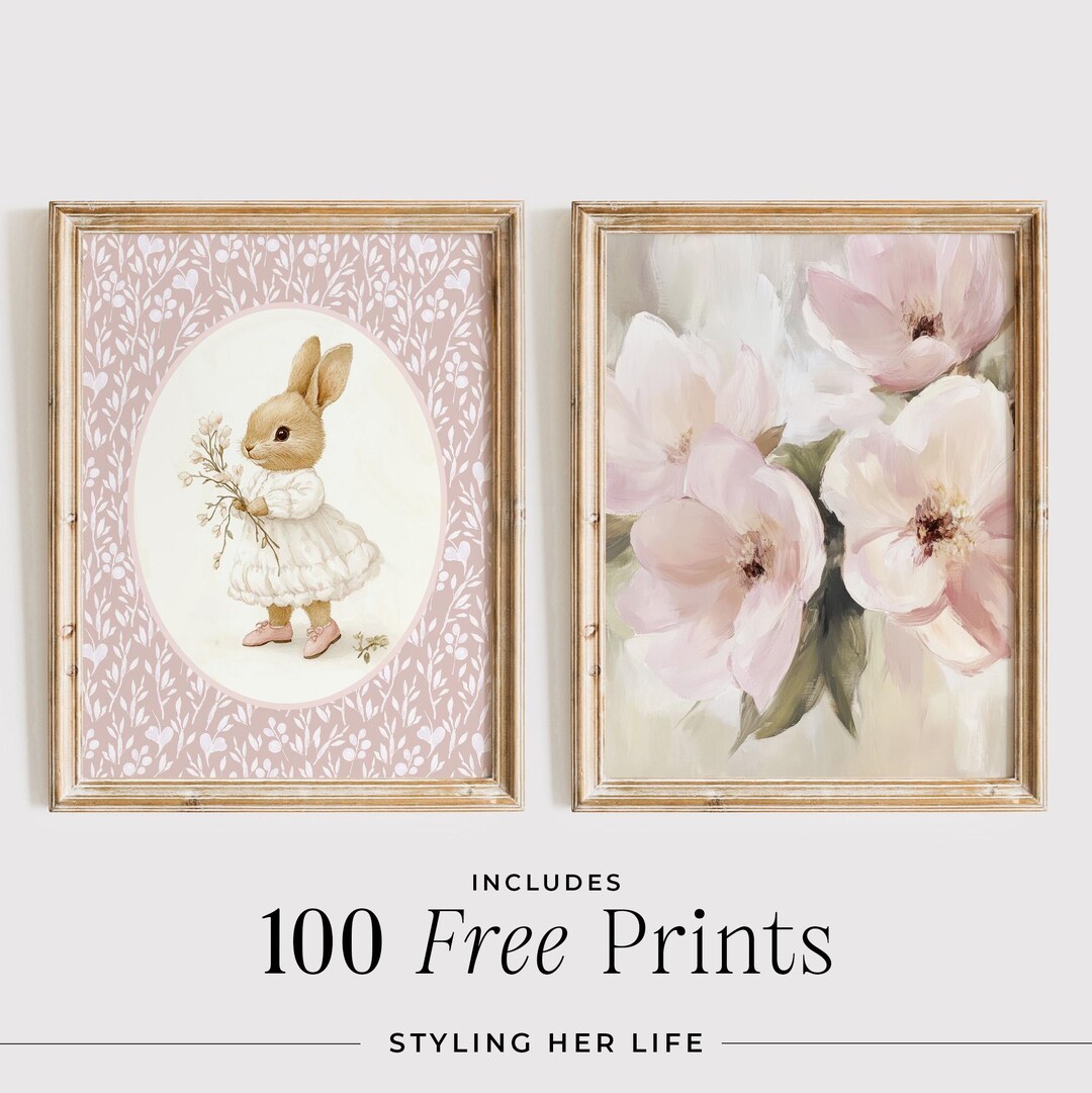 Vintage Gallery Art Print Set, Cottagecore Print, Vintage Nursery, Pink ...