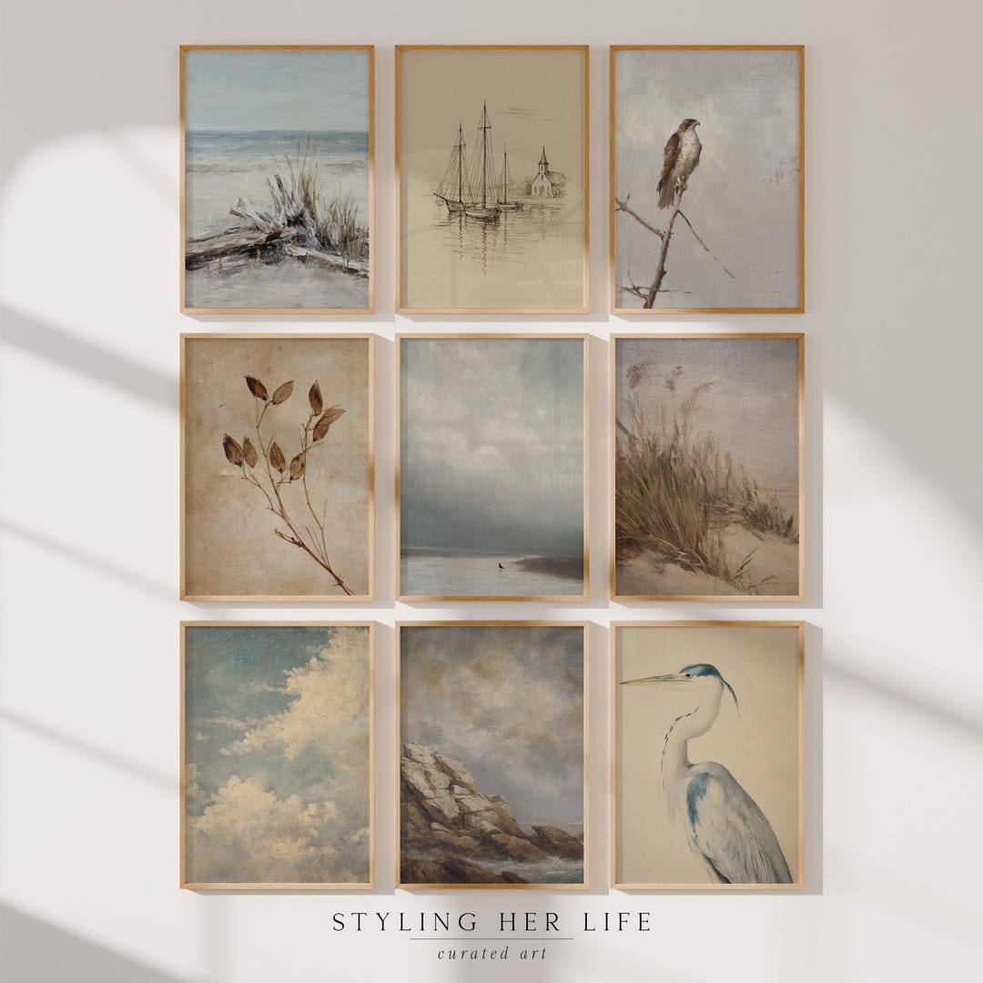 Vintage Coastal Printable Gallery Wall: Seascape, Ship Sketch & Heron ...