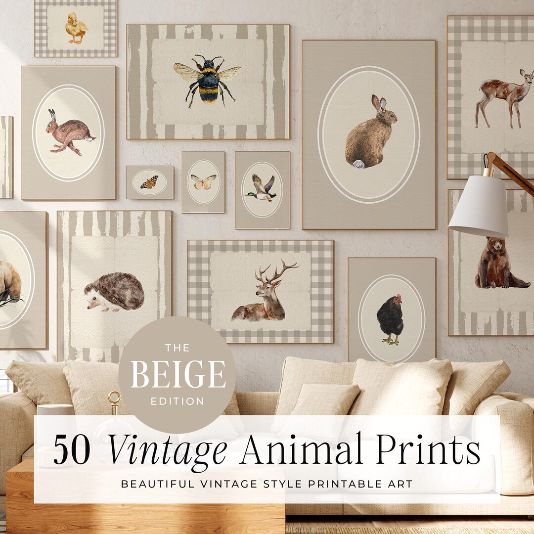 50 Vintage Animal Prints: Beige Nursery Gallery Wall, Kids Room Decor ...