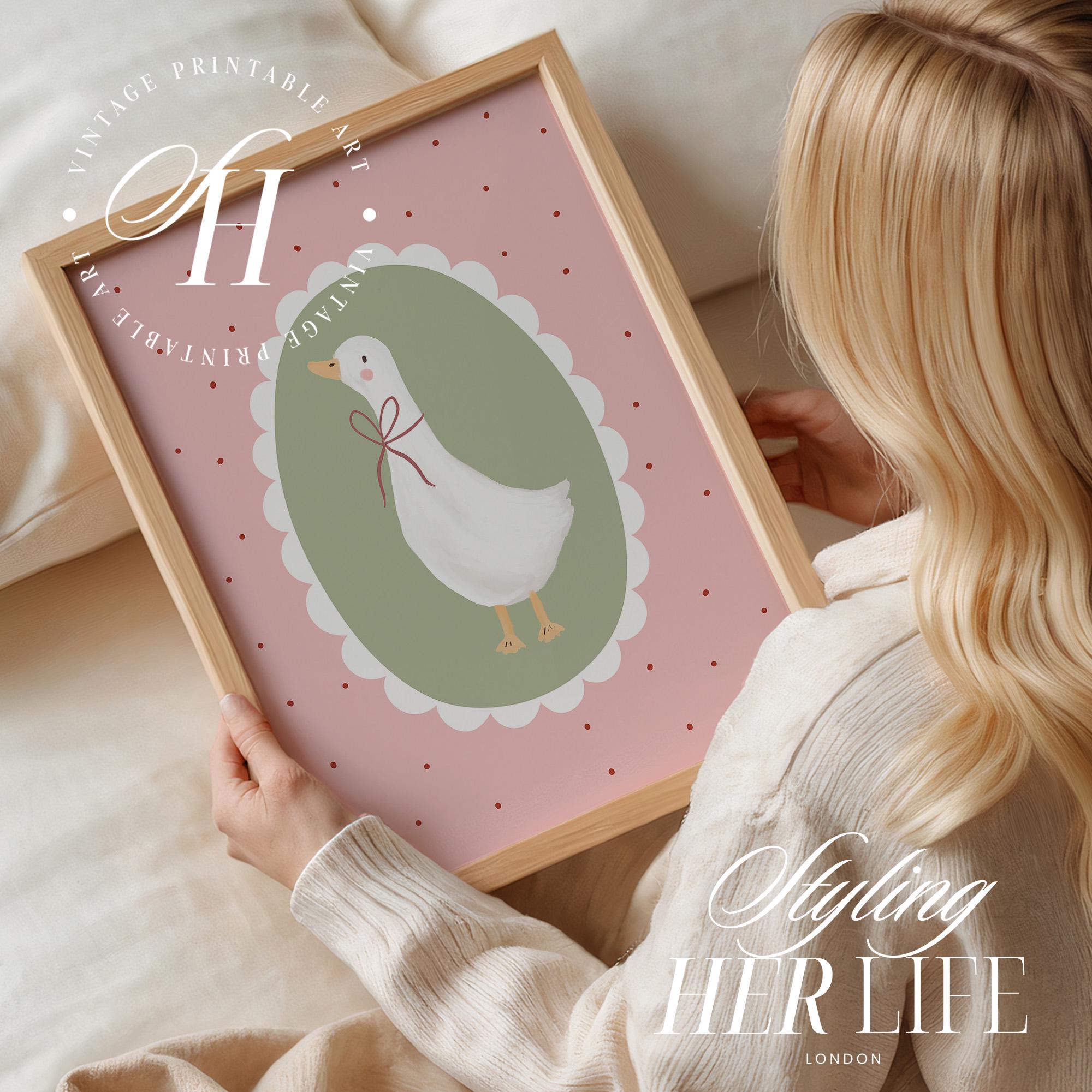 Vintage Goose Art Print, Cottagecore Print, Vintage Nursery, Pink ...
