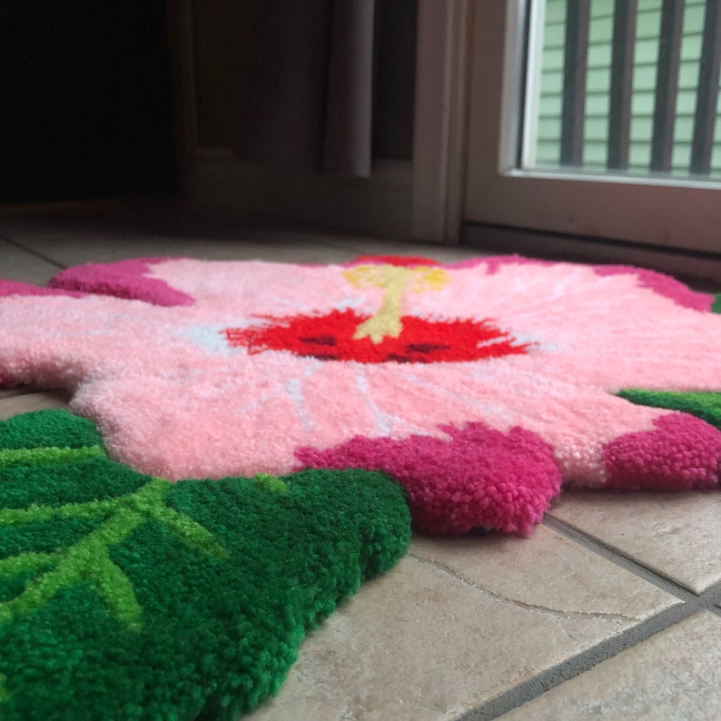 Pink Hibiscus Flower Rug Handmade Tufted Floral Rug for Room Gift for ...