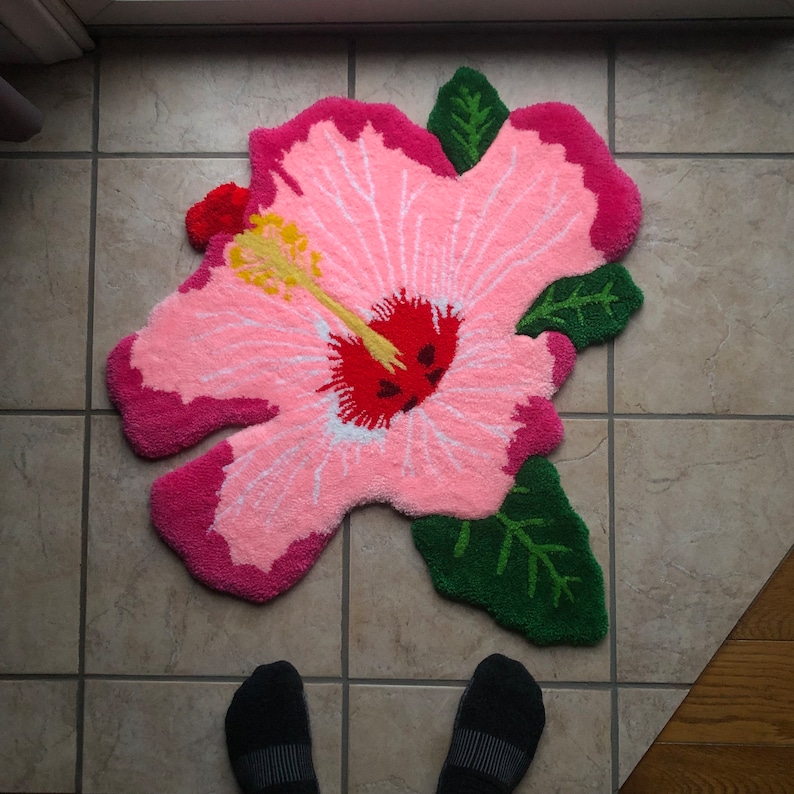 Pink Hibiscus Flower Rug Handmade Tufted Floral Rug for Room Gift for ...