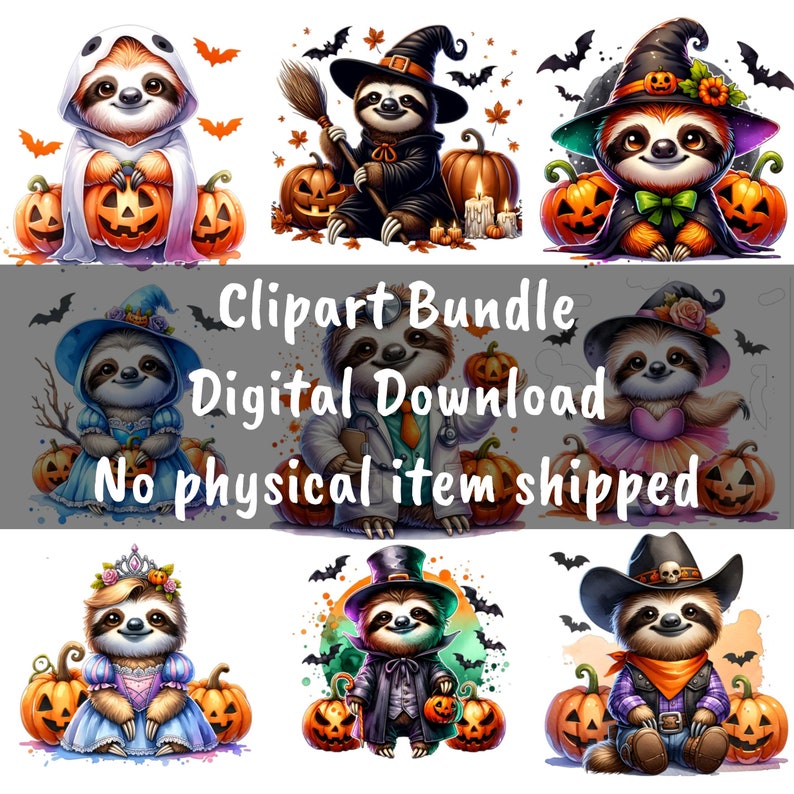 Halloween Sloth Clipart Bundle, Instant Download, Sublimation Design ...