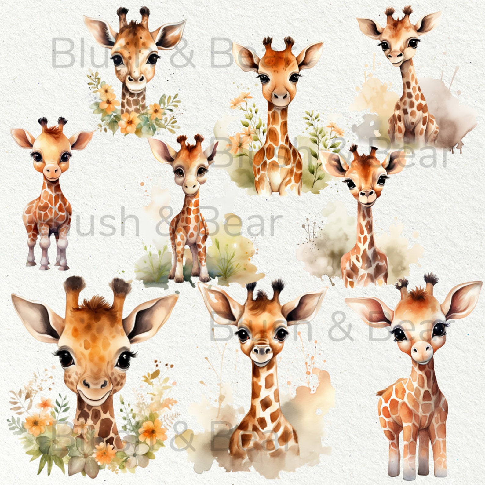Watercolor Cute Baby Giraffe Clipart Bundle 18 PNG Watercolor Clipart ...