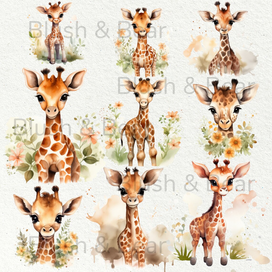 Watercolor Cute Baby Giraffe Clipart Bundle 18 PNG Watercolor Clipart ...