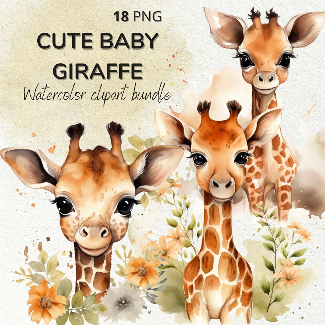 Watercolor Cute Baby Giraffe Clipart Bundle 18 PNG Watercolor Clipart ...