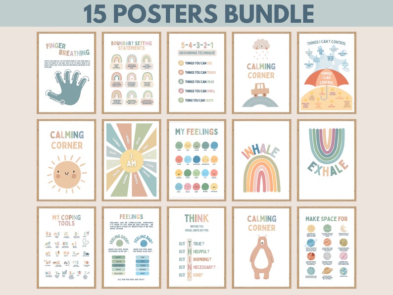 Set of 15 Calming Corner Posters, Coping Techniques Wall Art for Kids ...