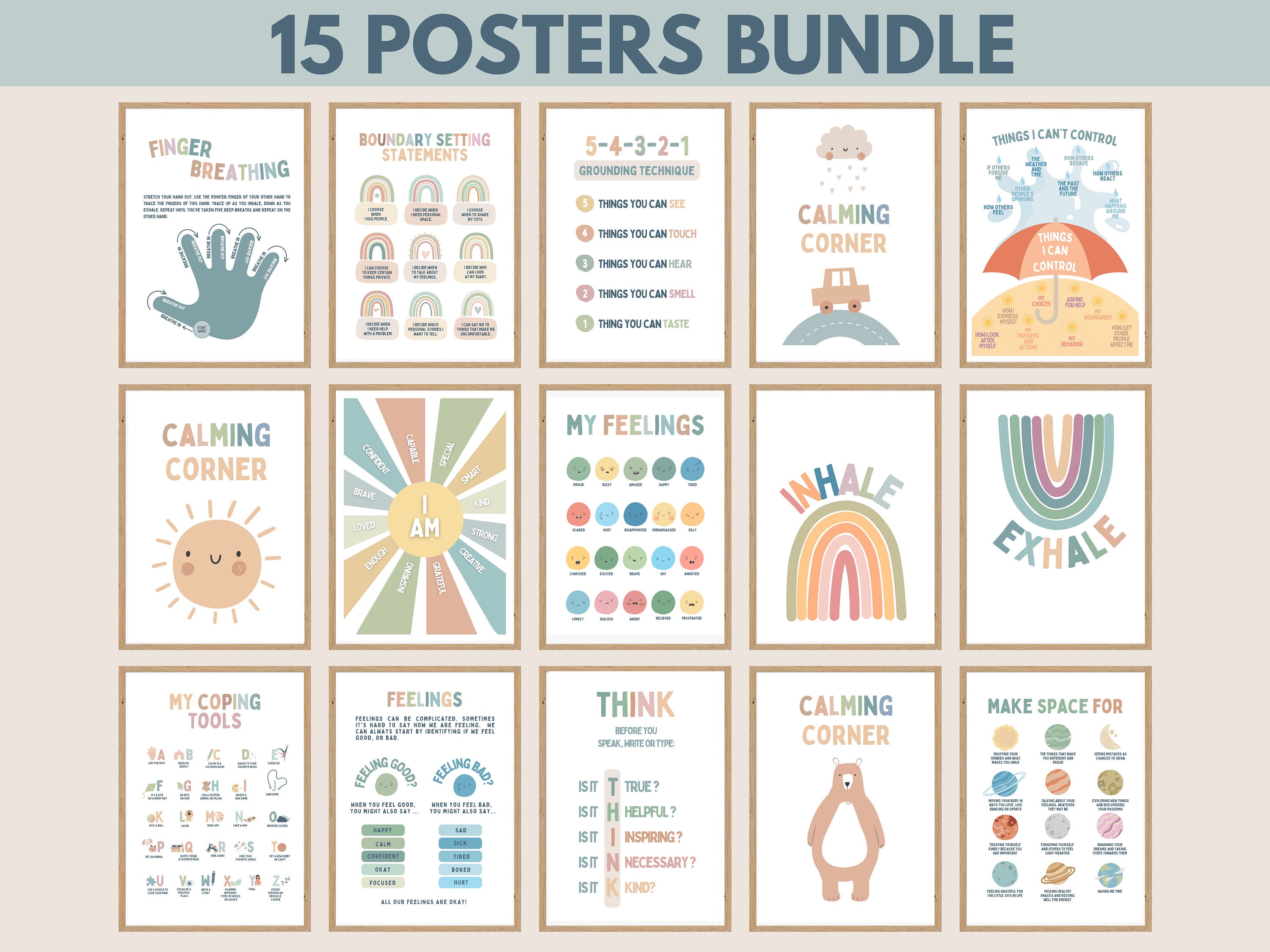Set of 15 Calming Corner Posters, Coping Techniques Wall Art for Kids ...