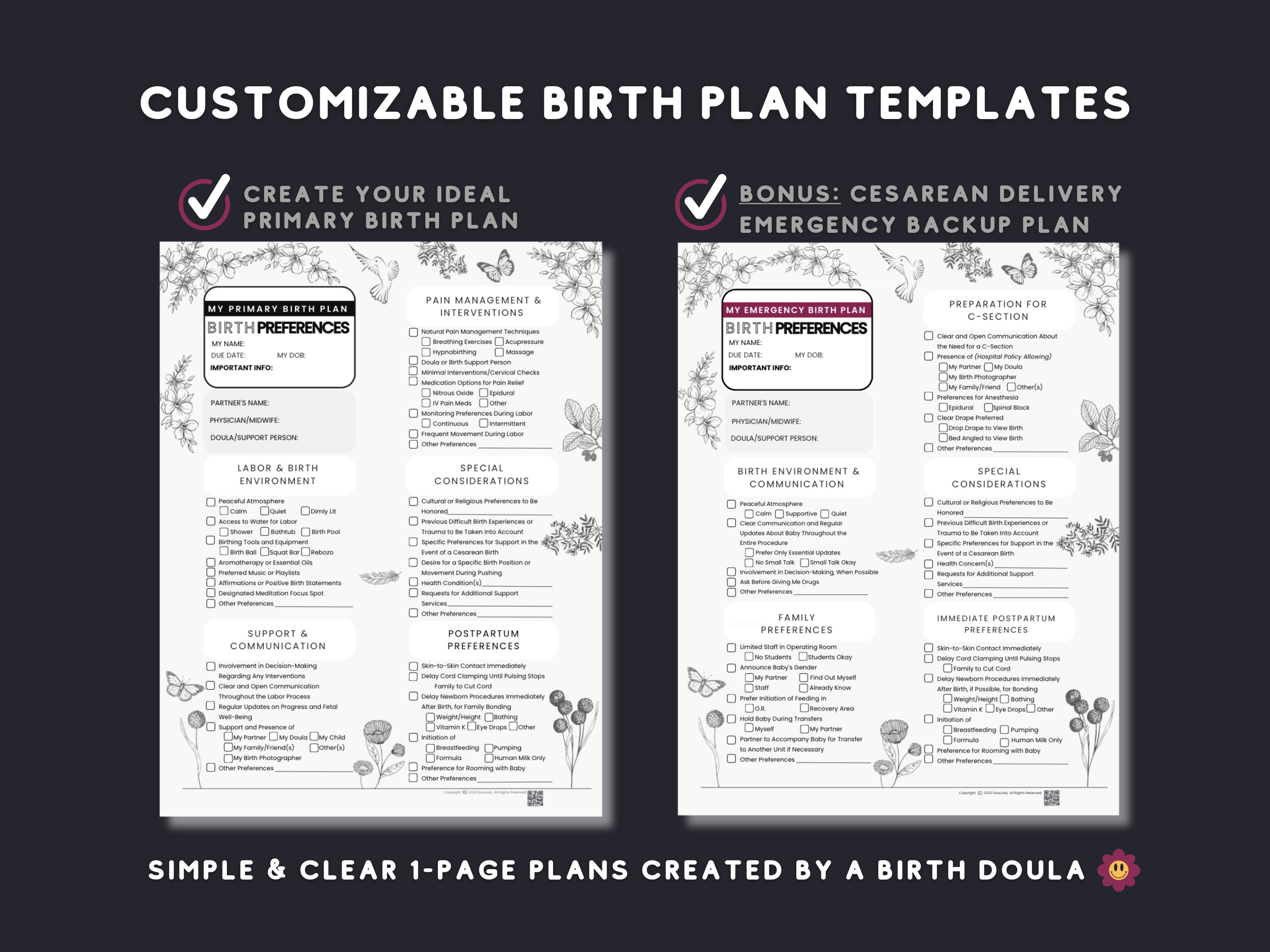 Birth Plan Template + C-section Birth Plan - Editable Checklist - Canva ...