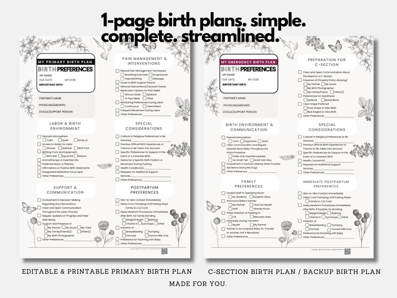 Birth Plan Template + C-section Birth Plan - Editable Checklist - Canva ...