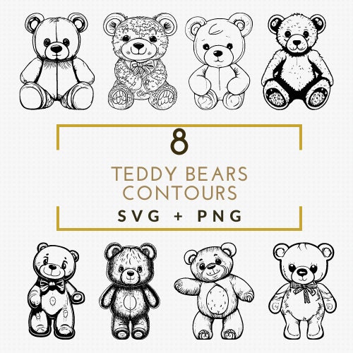8 Teddy Bears Contours SVG PNG Black and White Graphics Commercial Use