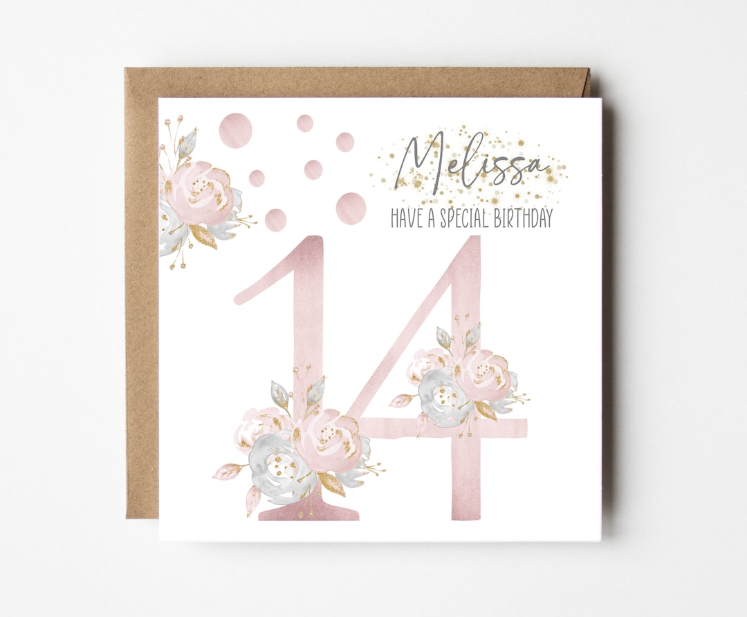 Personalised Girls 14th Birthday Card Pink Floral Greeting Card ...
