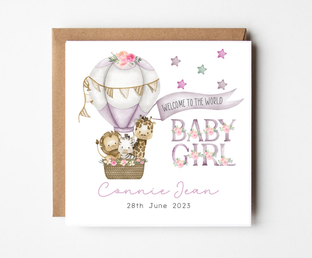Personalised New Baby Girl Card Welcome to the World Hot Air Balloon ...