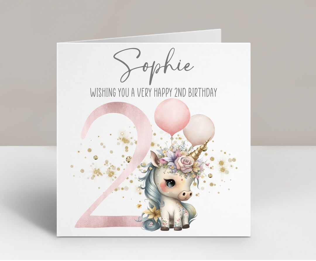 Girls 2nd Birthday Card Personalised Cute Baby Unicorn Daughter ...