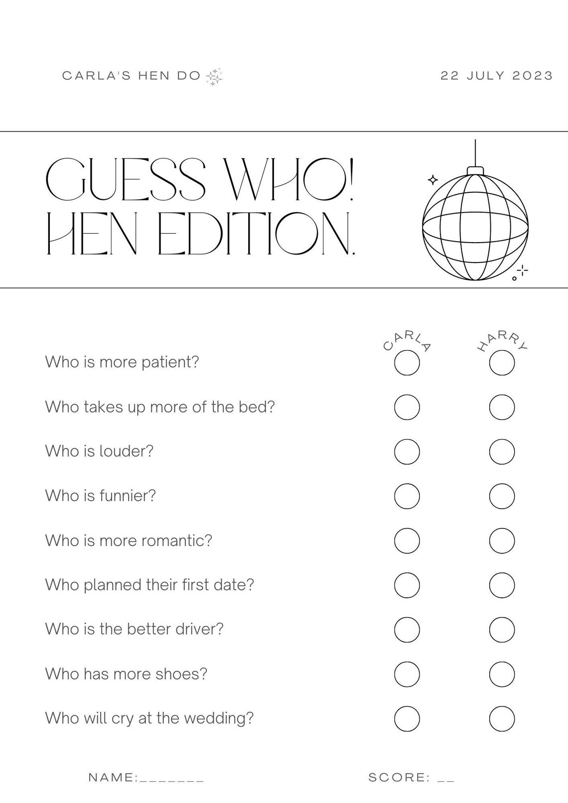 Bachelorette / Hen Party Game Templates Discoball Black & White Minimal ...