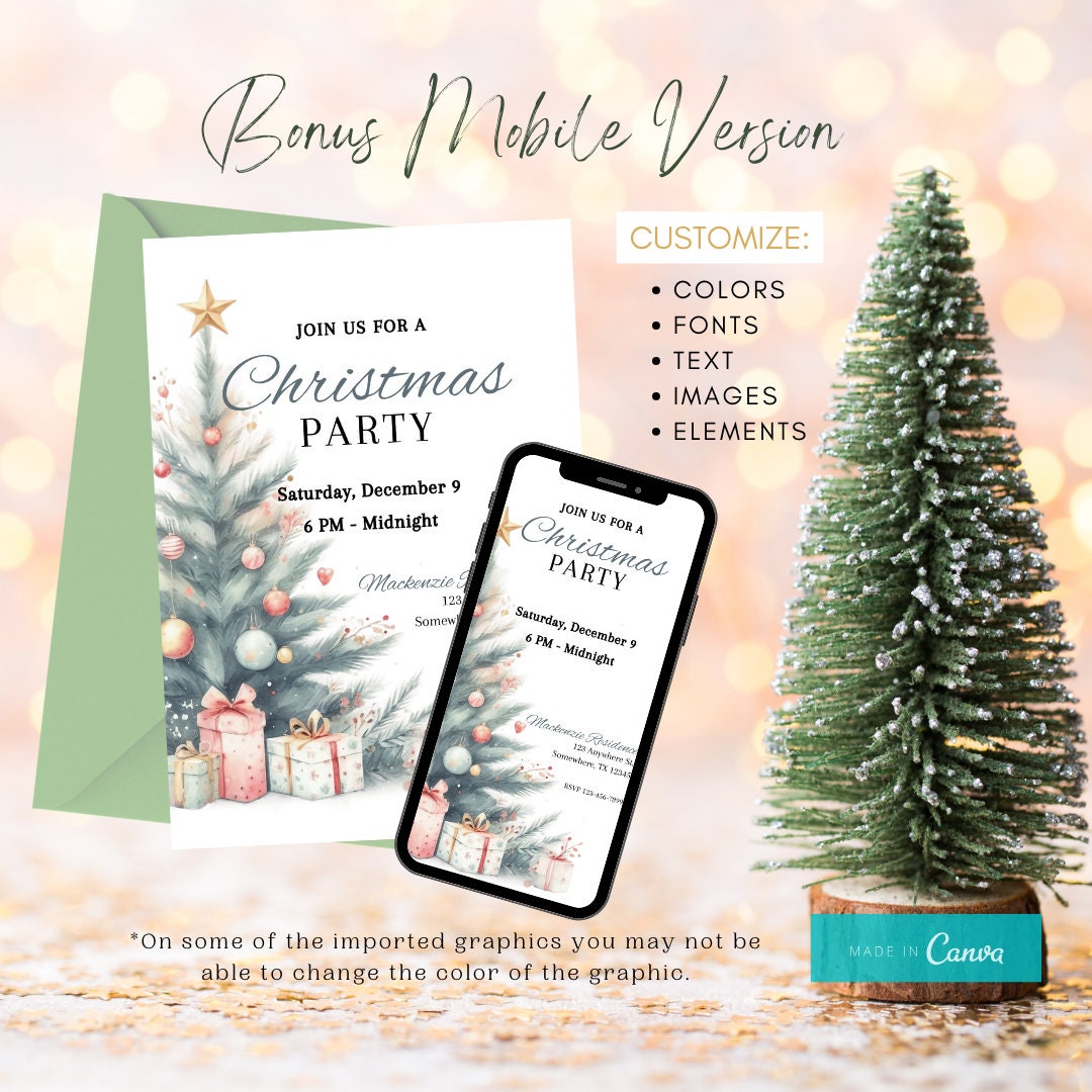 Pink Christmas Holiday Party Invitation, Editable Template, Christmas ...