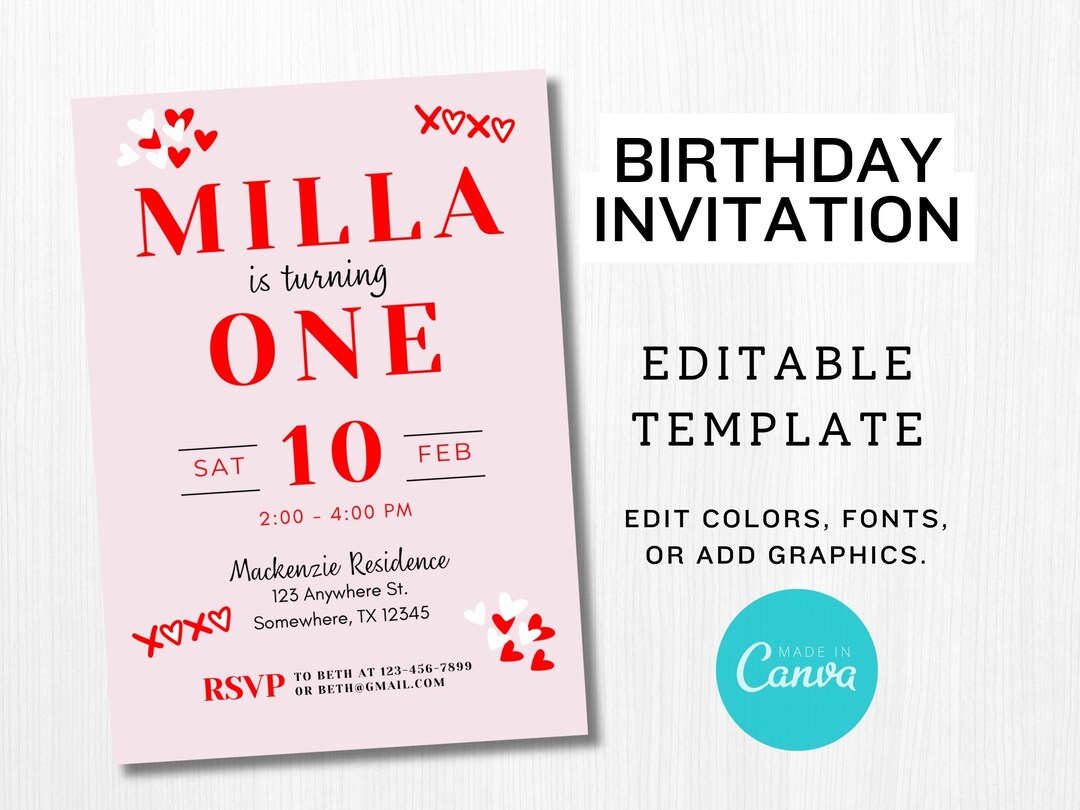 Editable Valentines Day Birthday Party Invitation First Birthday ...