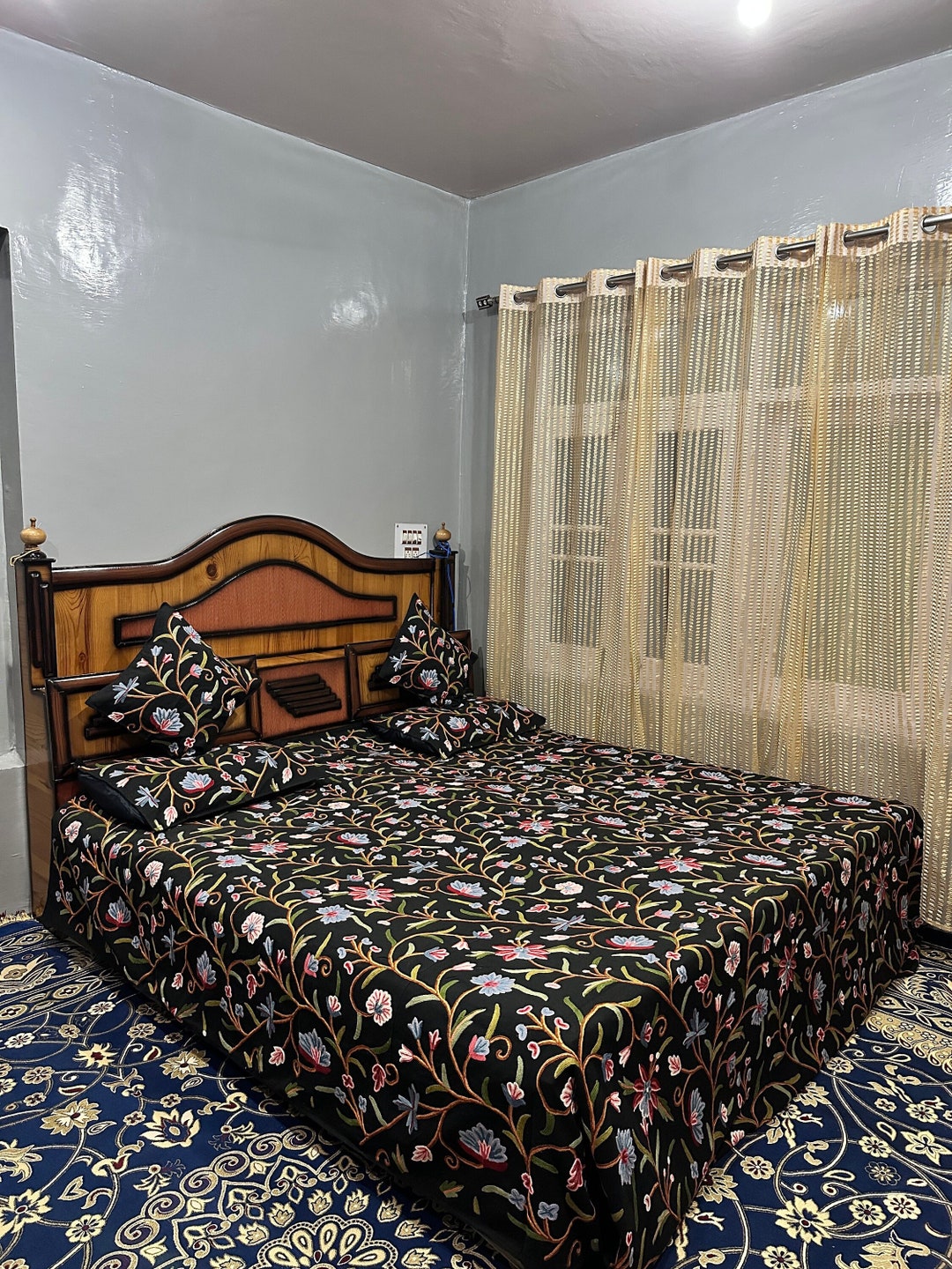 Handmade Kashmir Bed Cover Set, Bohemian Luxury Bedding, Floral Crewel ...