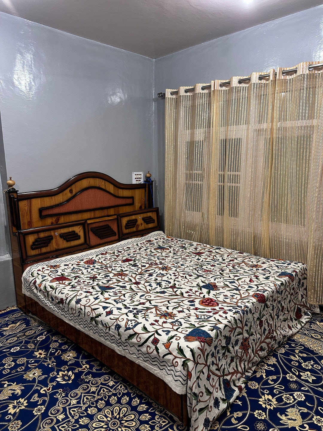 Handmade Kashmir Bed Cover Set, Bohemian Luxury Bedding, Floral Crewel ...