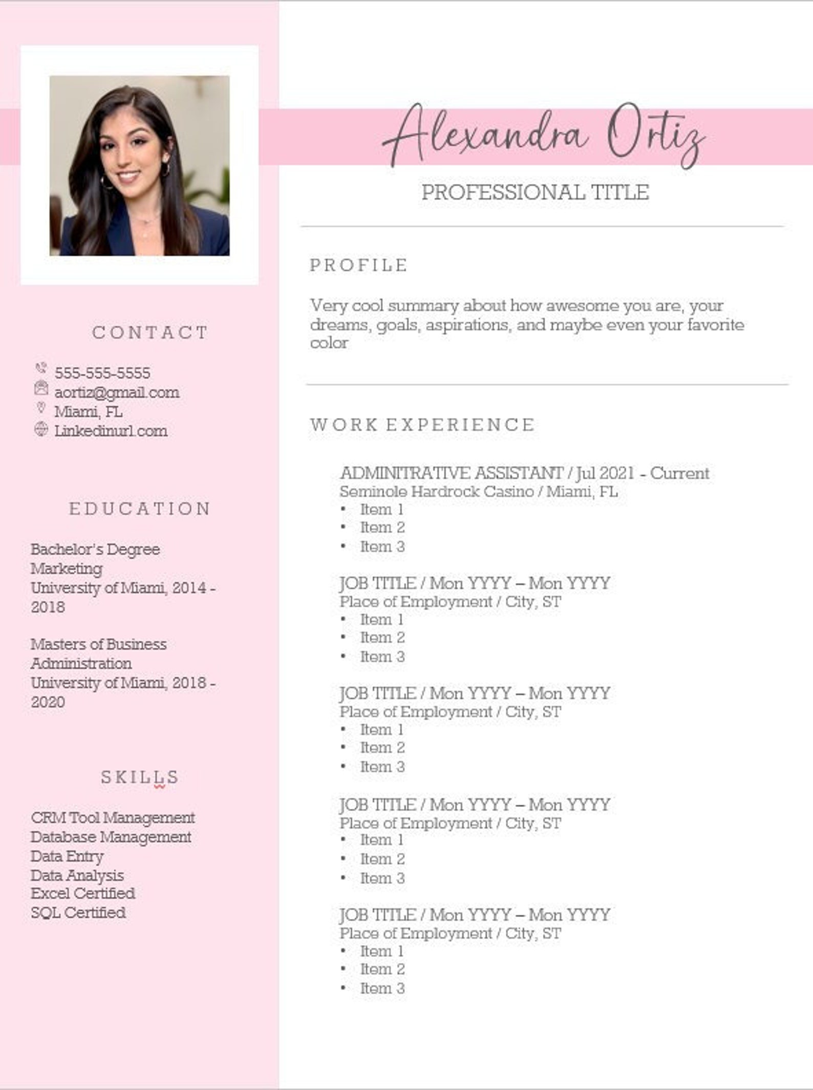 Pink Resume Template | Word and Pages Resume Template | Girl Resume ...