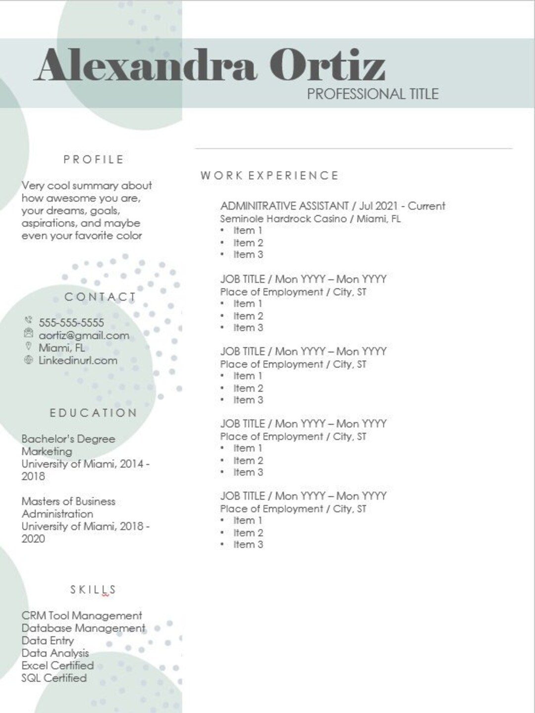 Green Resume Template | Blue Resume | Word and Pages Resume Template ...