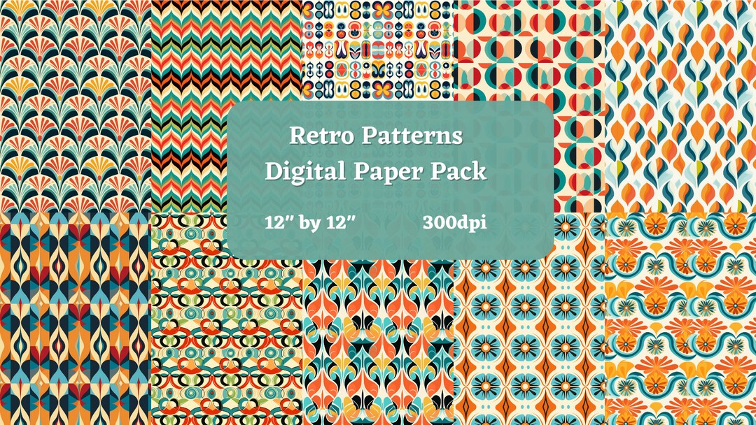 Retro Patterns Digital Paper Pack Premium Digital Paper for Cards and ...