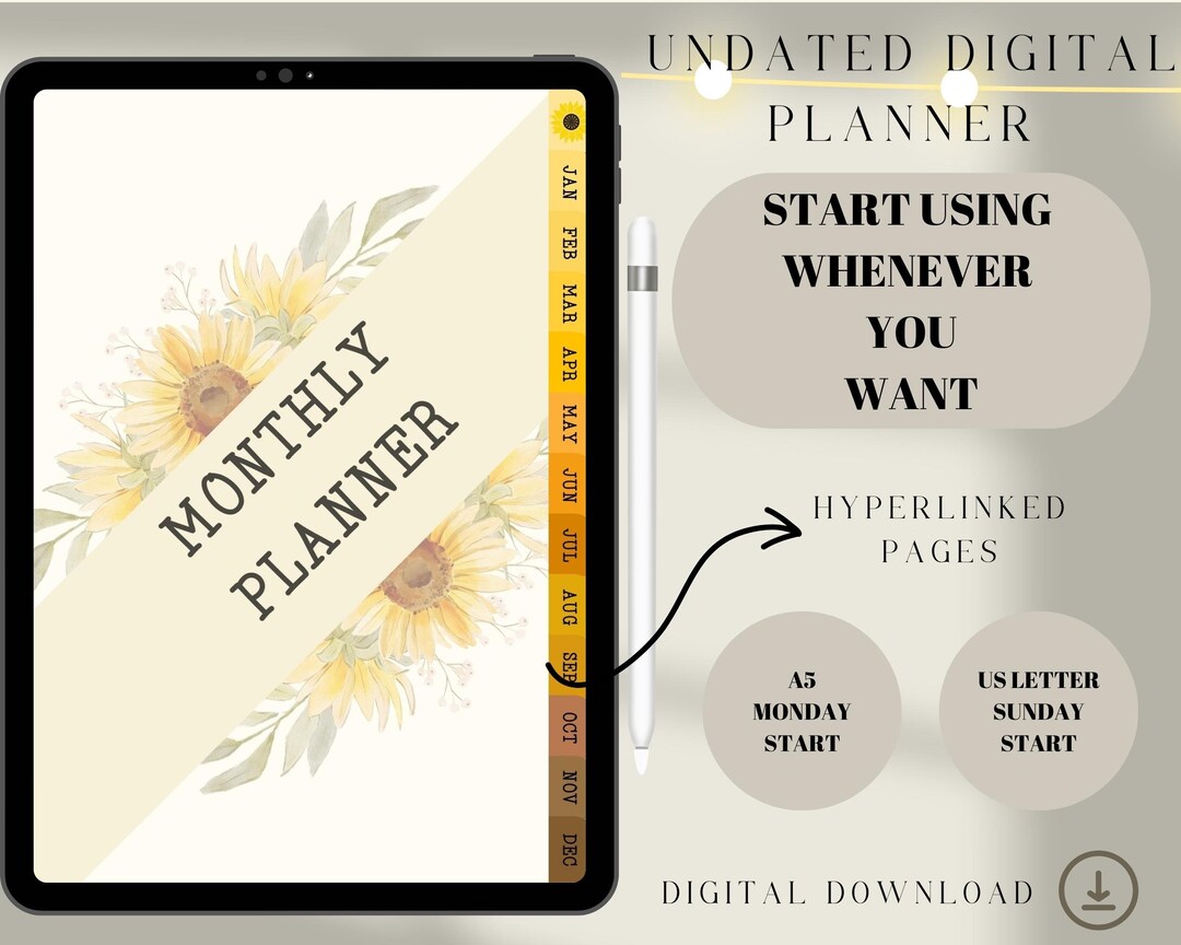 Digital Goodnotes Undated Planner Monthly Sunflower Planner iPad ...