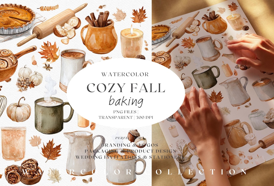Watercolor Autumn Baking Clipart – Cozy Fall Kitchen PNG Set With Pies ...