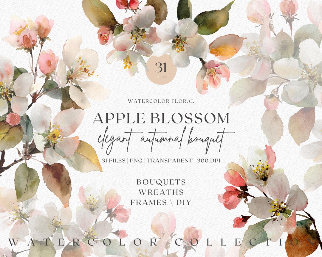 Watercolor Apple Blossom Bouquet Clipart – Elegant Autumn Floral PNG ...