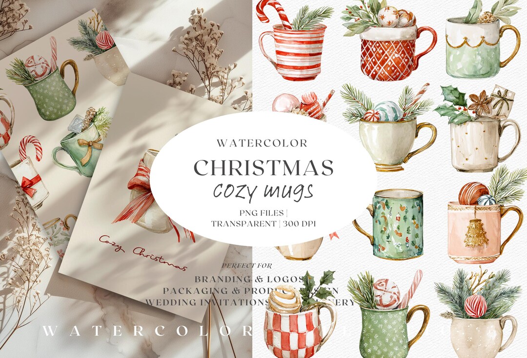 Watercolor Christmas Mugs Clipart – Cozy Holiday PNG Set Festive ...
