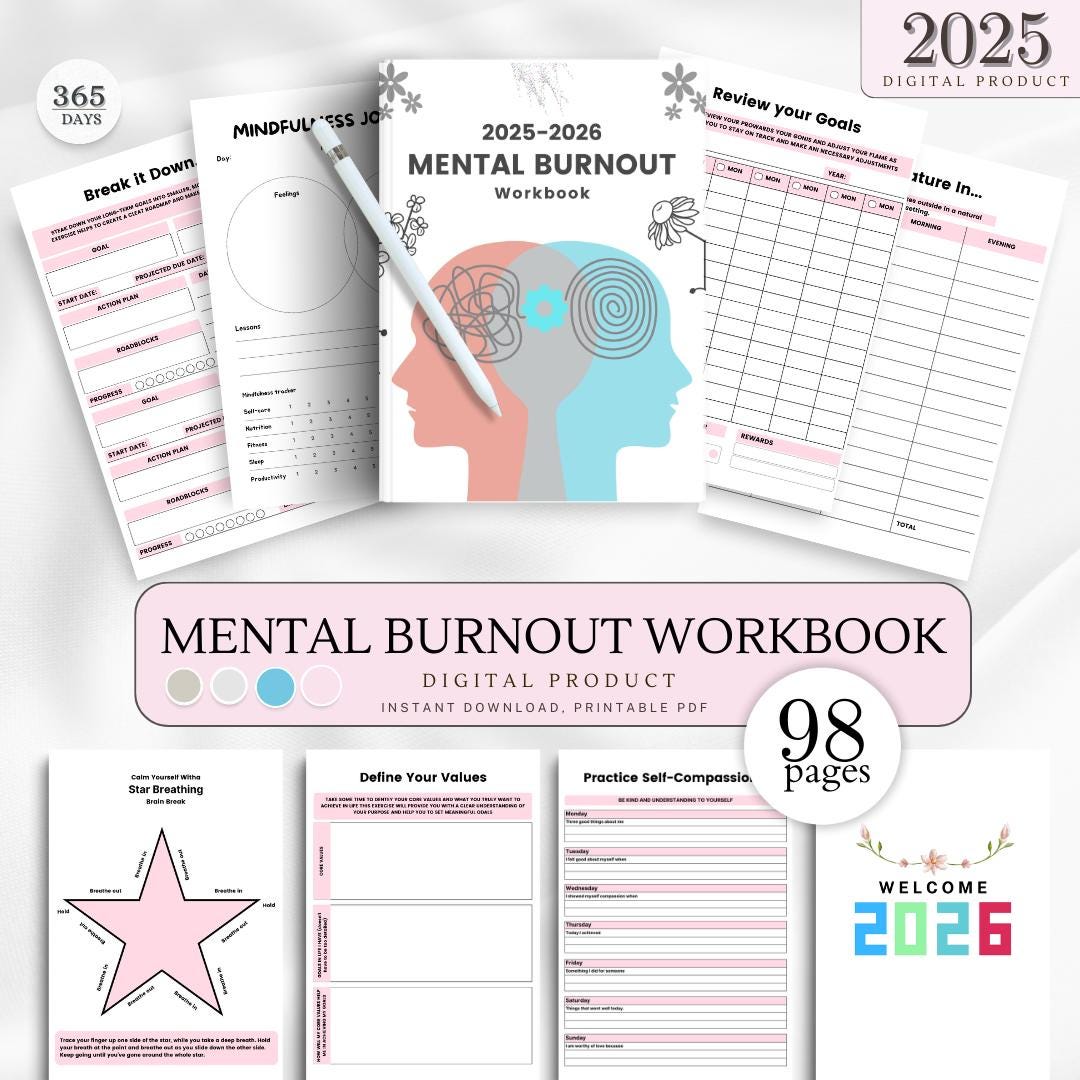 Mental Burnout Workbook, Stress Relief Guide, Self-care Workbook ...
