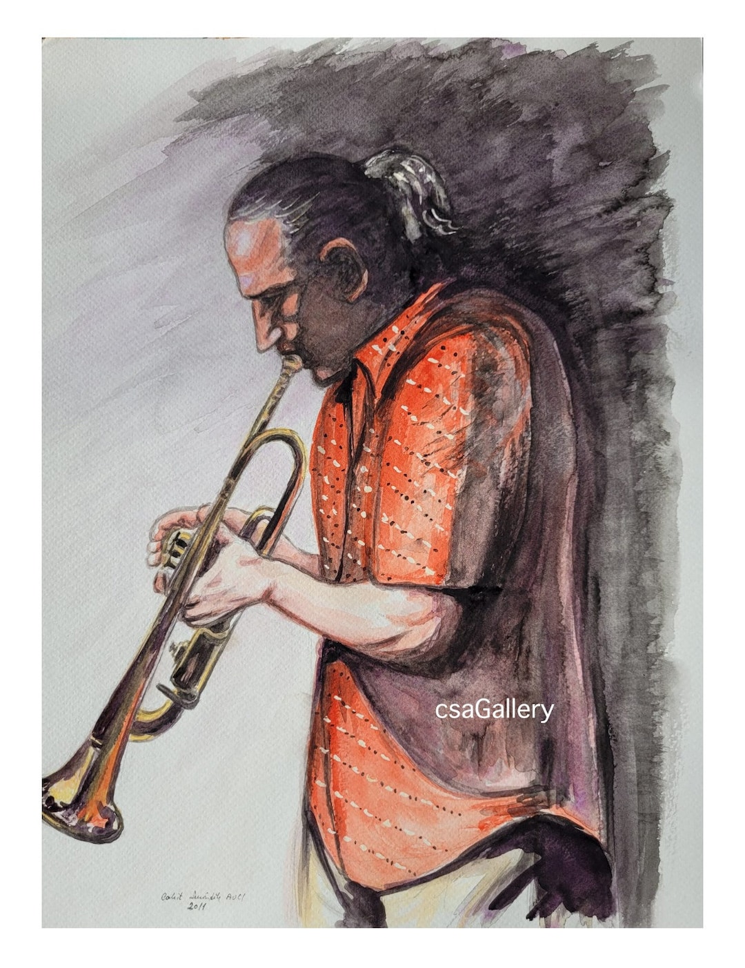 Trompetci Trumpet Player Original Painting Watercolor on Cardboard ...