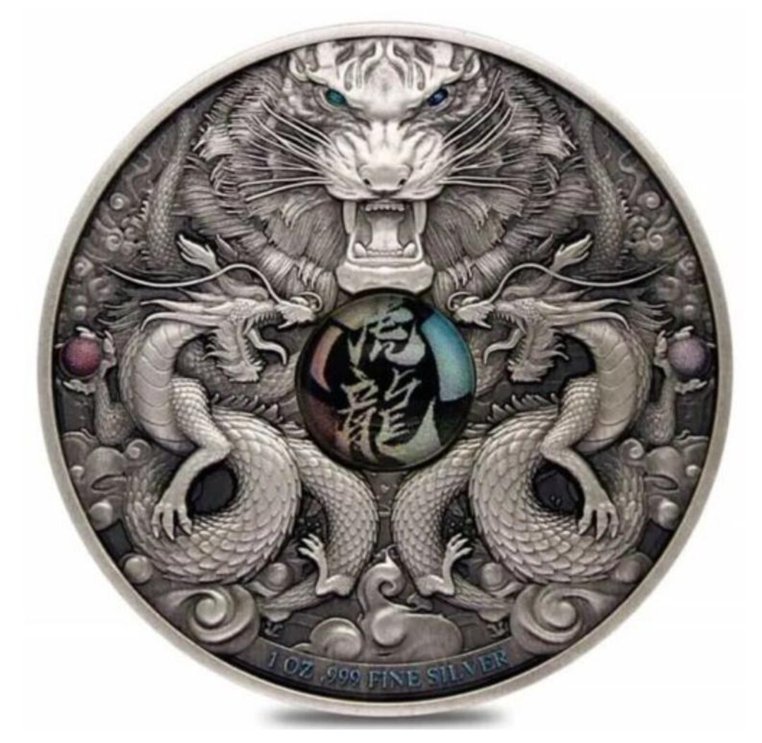 2022 Chad 1 Oz Silver Dragon and Tiger High Relief Coin .999 Fine Box ...