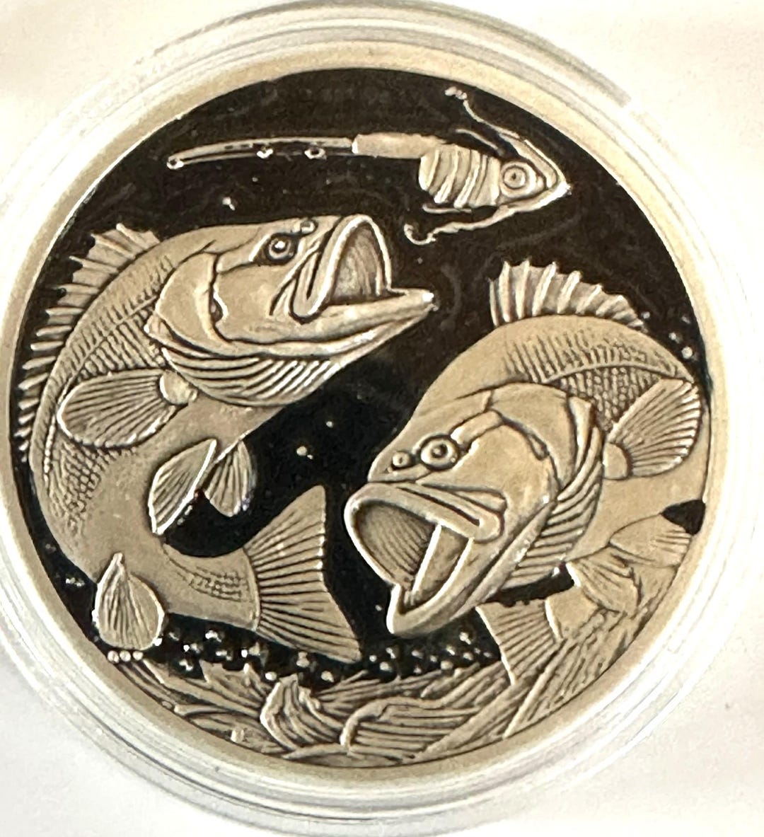 Tacklebox Series 1 Bass High Relief Silver Enameled Art Round Mintage ...