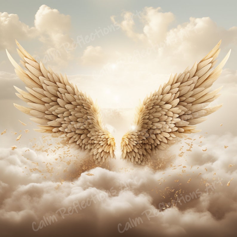 Gold Angels Wings White Clouds Memorial Background Heaven Backdrop Memorial Template Printable ...