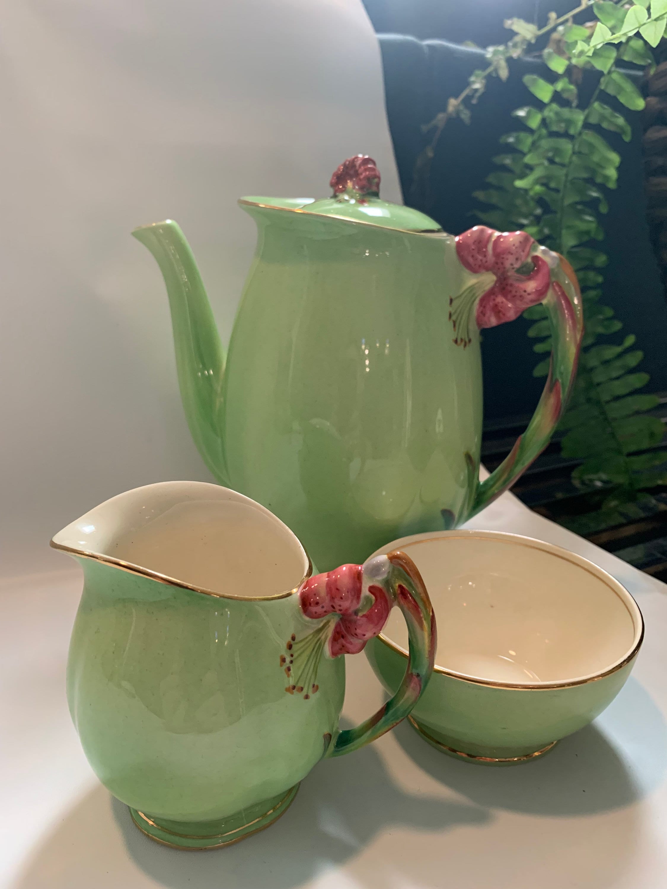 Vintage Royal Winton/grimwades Green Tiger Lilies Coffee/tea Set With 3 ...