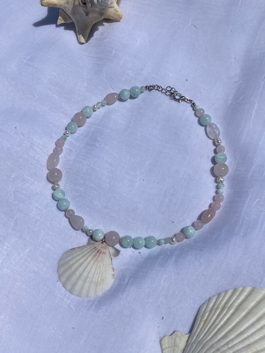 Bubblegum Sea Shell Necklace: Angelite & Rose Quartz - Etsy