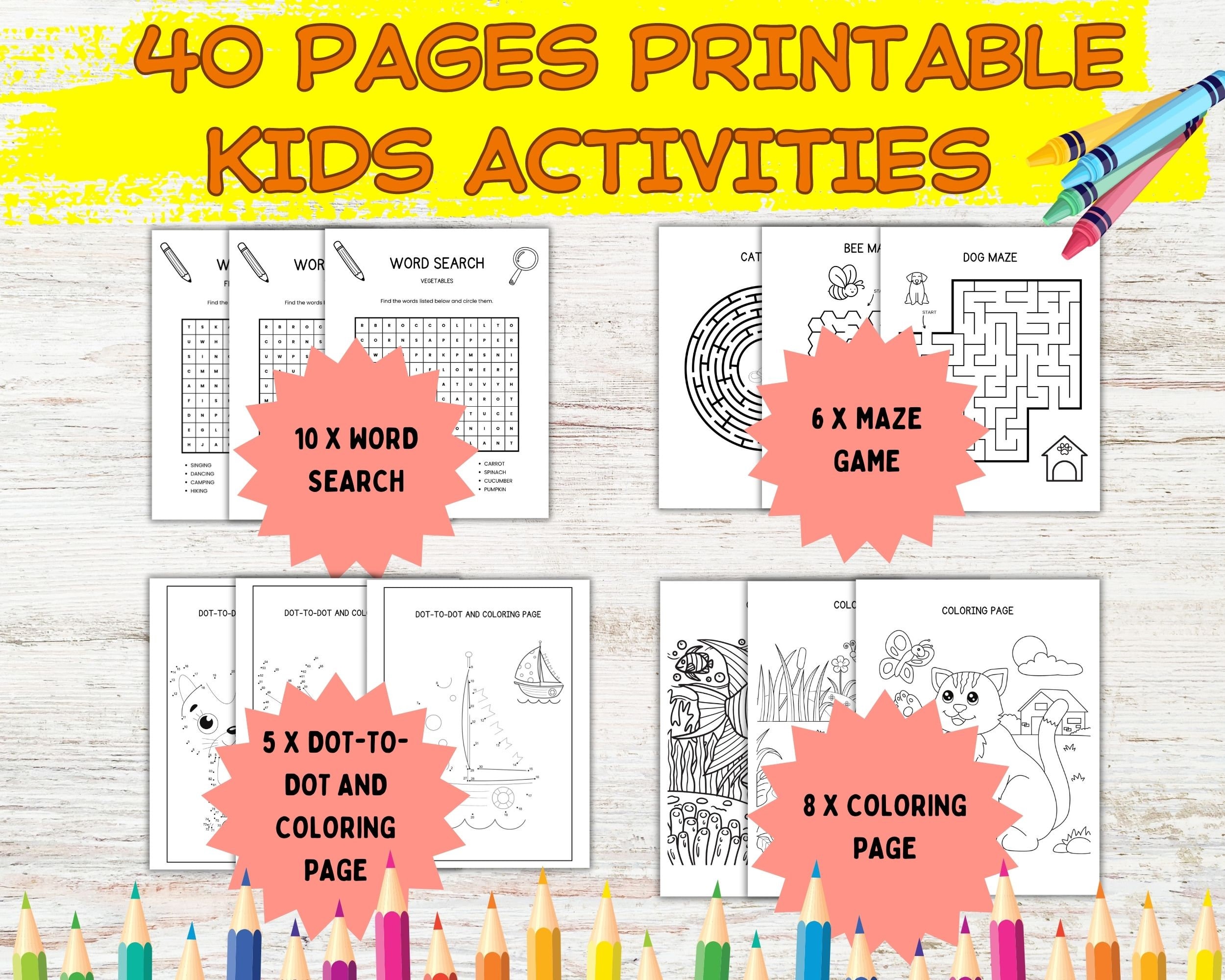 40 Printable Kids Activity Pages, Kids Coloring Pages, Word Search ...
