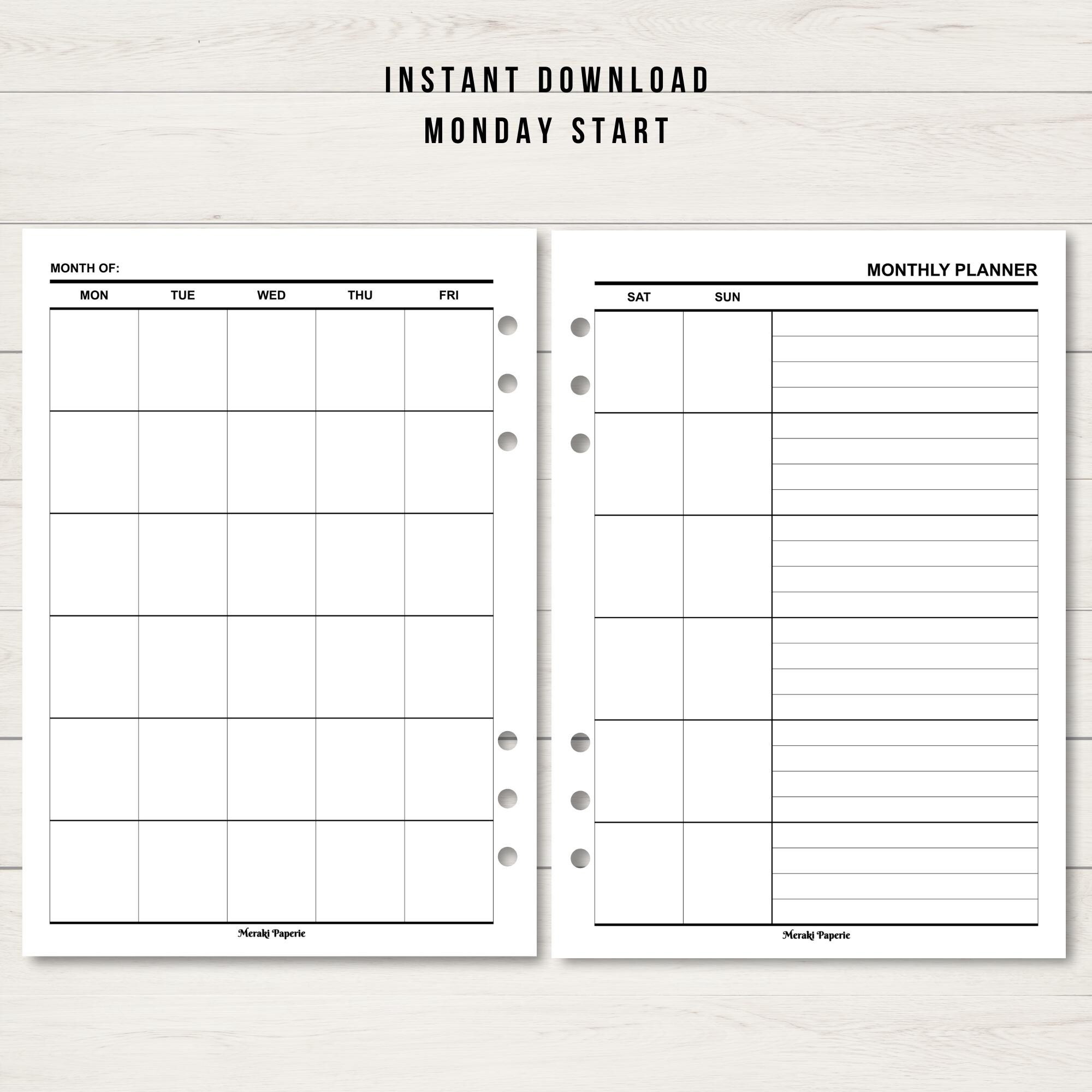 Undated Monthly Planner, A5 Printable Planner Inserts, Monthly Overview ...