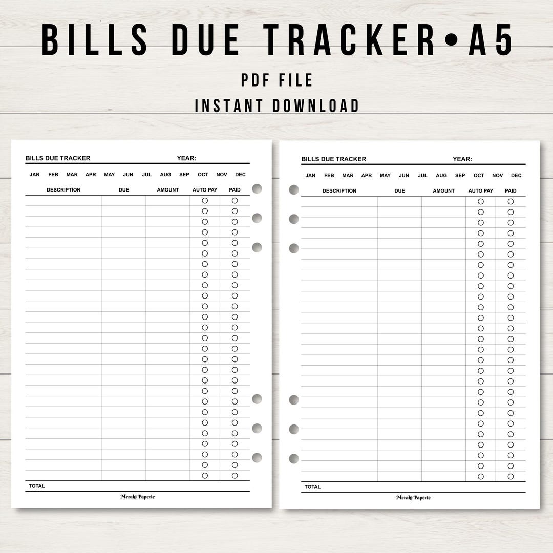 Monthly Bill Tracker, Bills Due Budget Planner, A5 Planner Inserts ...