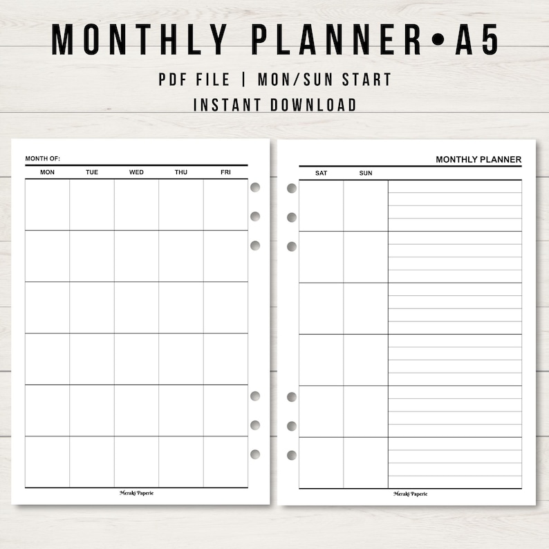 Undated Monthly Planner, A5 Printable Planner Inserts, Monthly Overview ...
