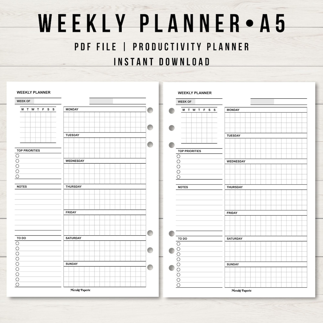 Weekly Planner Printable, A5 Planner Inserts, Planner Printable Undated ...
