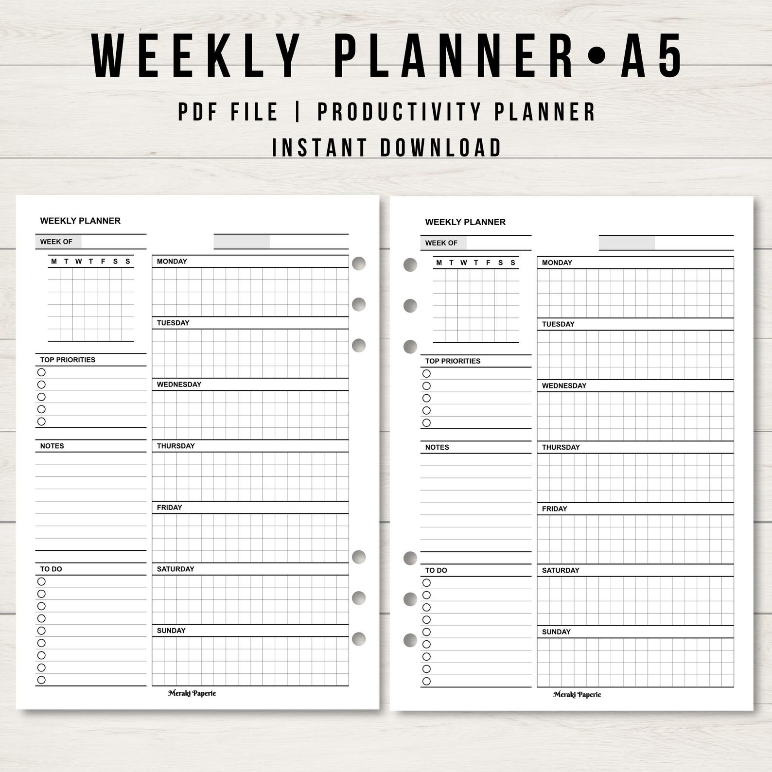 Weekly Planner Printable, A5 Planner Inserts, Planner Printable Undated ...