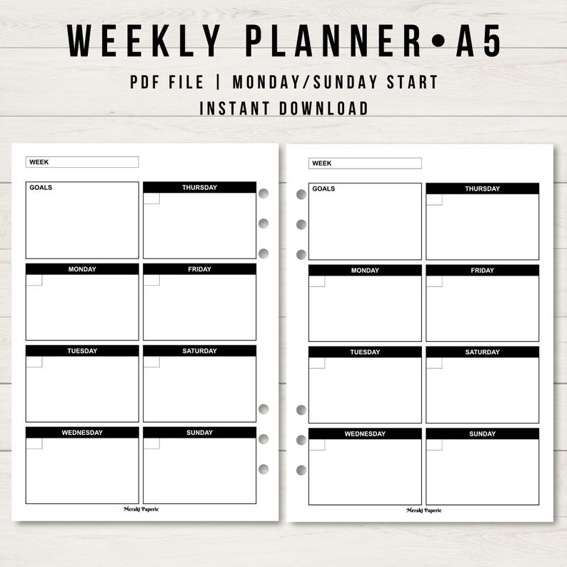 Weekly Planner, Weekly Goals A5 Planner Inserts, Planner Printable ...