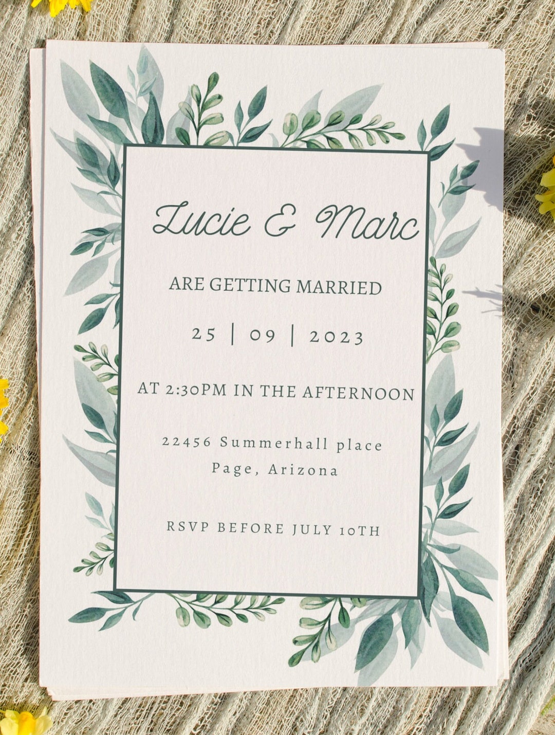 Wedding Invitation With Green Leaves Wedding Invitation - Etsy
