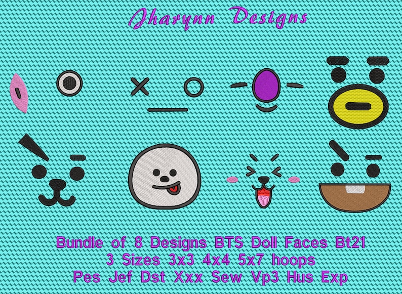 Bundle of 8 BTS Dolls Face Digital File Embroidery Design 3 Sizes 3x3 ...