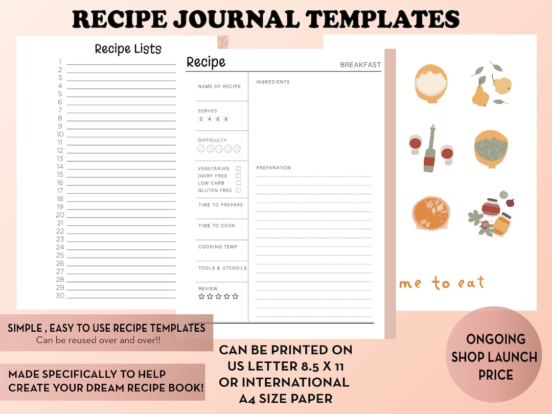 Recipe Book/ Journal Printable Templates, Recipe Inserts, Cookbook ...