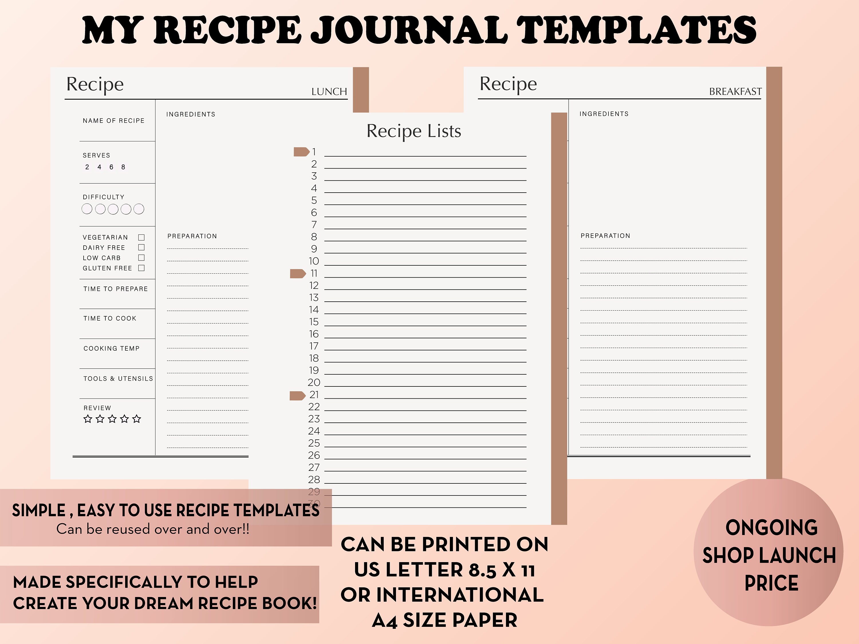 Recipe Book/ Journal Printable Templates, Recipe Inserts, Cookbook ...