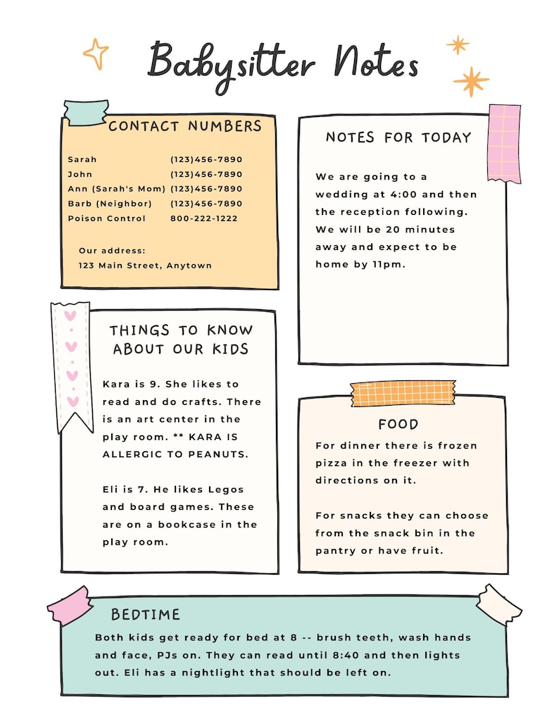 Babysitter Notes - Editable Template - Etsy