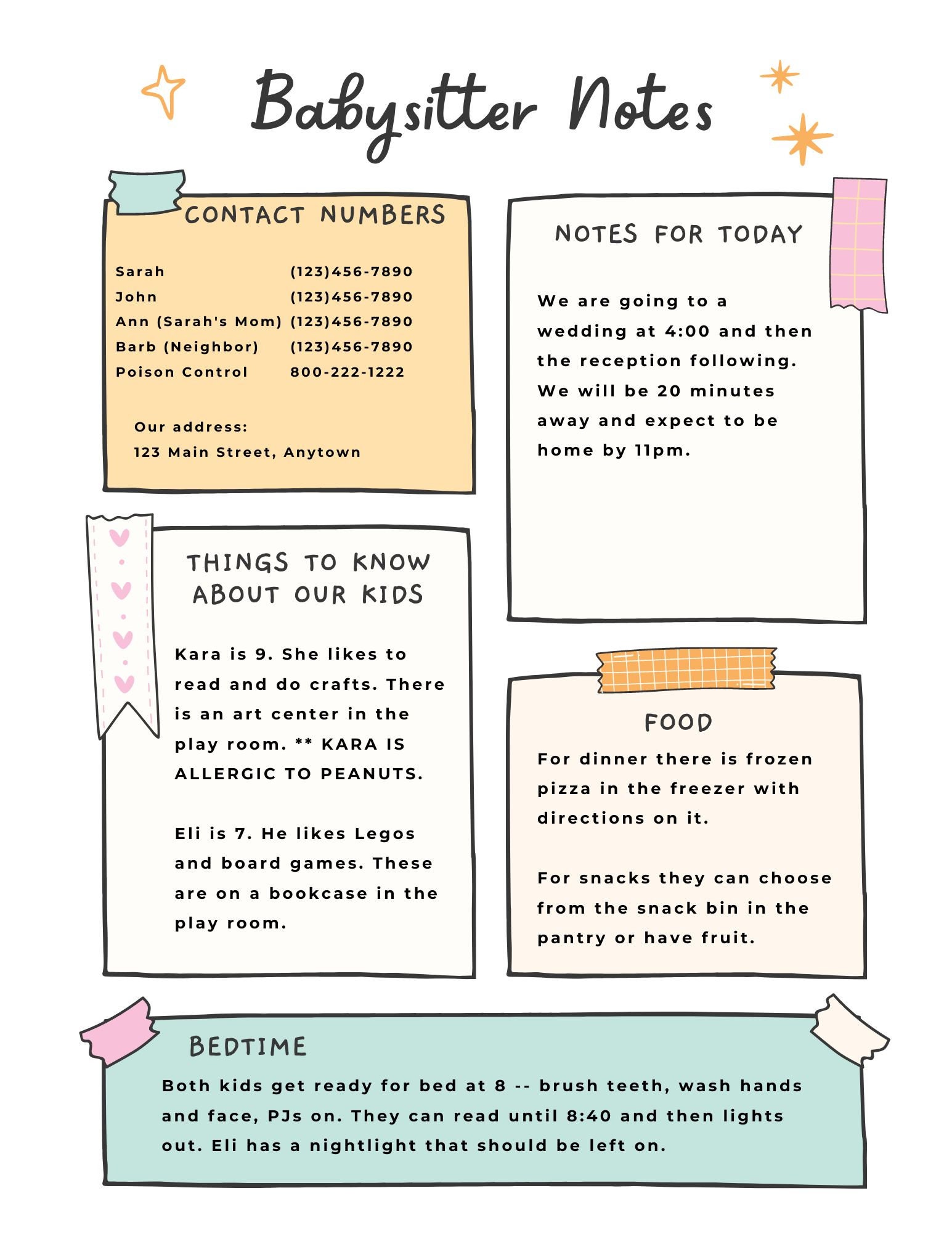 Babysitter Notes - Editable Template - Etsy